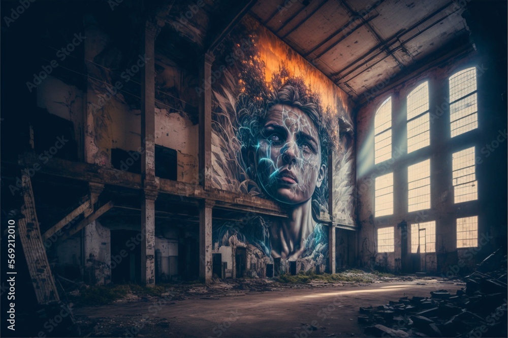 painting of a womans face on the side of a building. generative ai ...