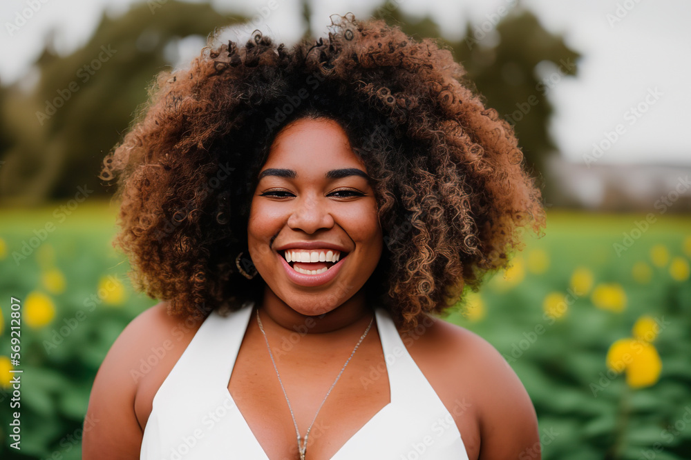Generative AI image of cheerful black woman in nature Stock ...