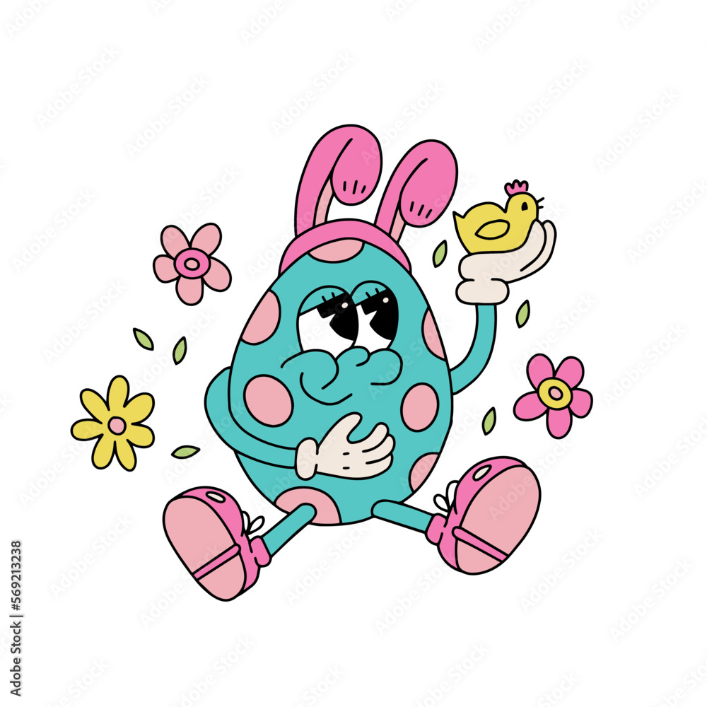Isolated retro groovy easter egg character. Cute siting mascot with ...