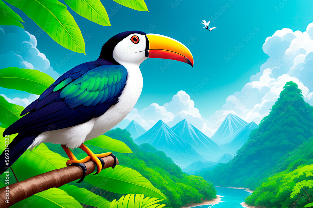 Toucan sitting on the branch in the forest, digital painting art ...