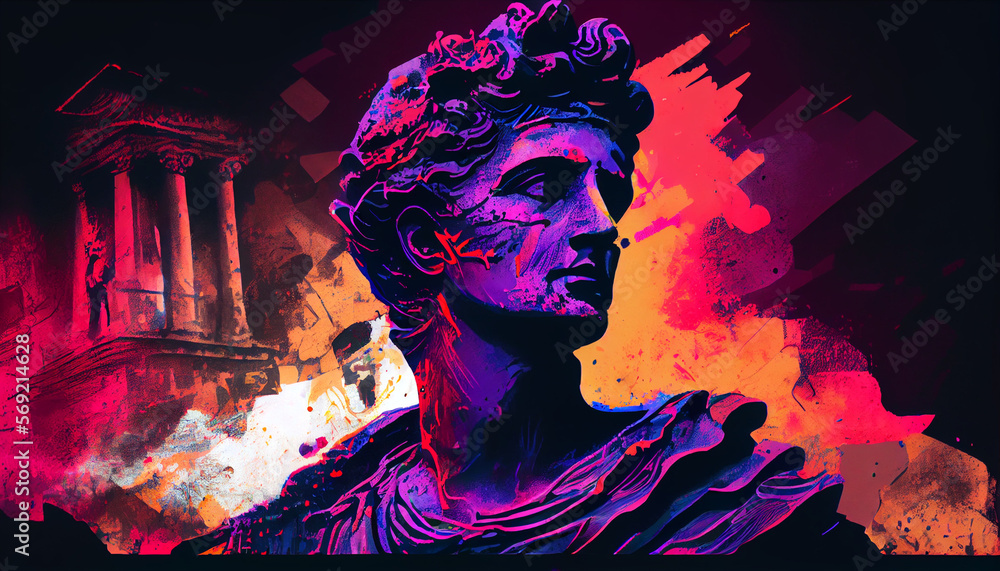 Bust of Roman emperor Gaius Julius Caesar in 80s purple neon synth wave ...