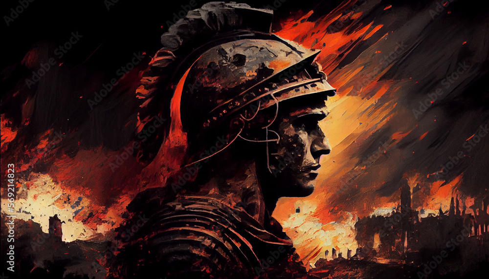 Portrait of Roman warrior in helmet against a backdrop of flames. The Fall of the Roman Empire ...