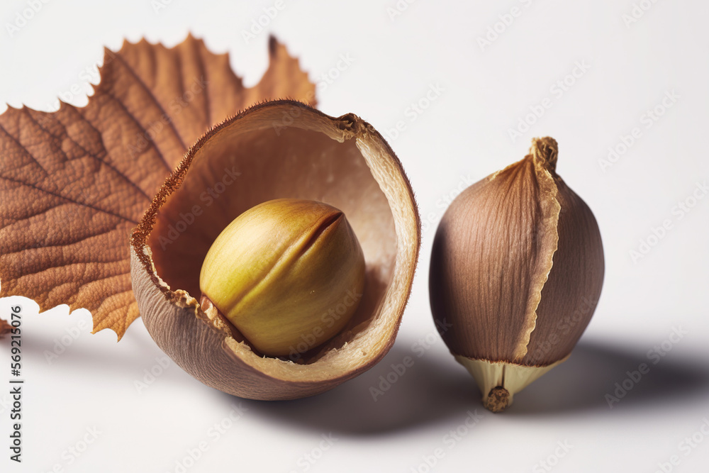 Hazelnut on its own. Hazel posed against a blank wall. White nut, whole ...