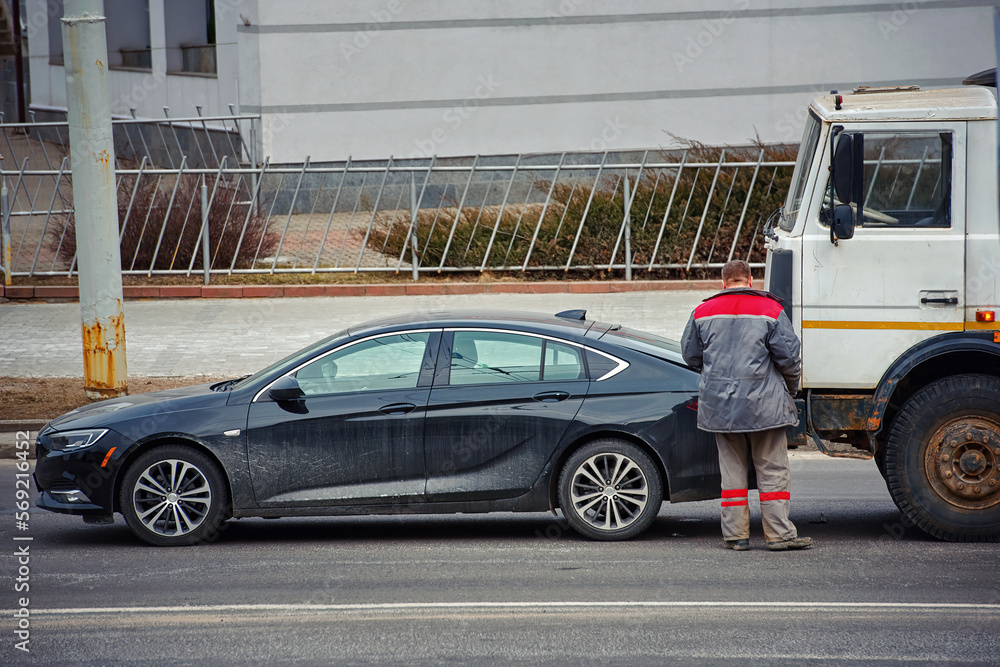 Car accident, road collision. Truck bump car on city road. Truck hit ...
