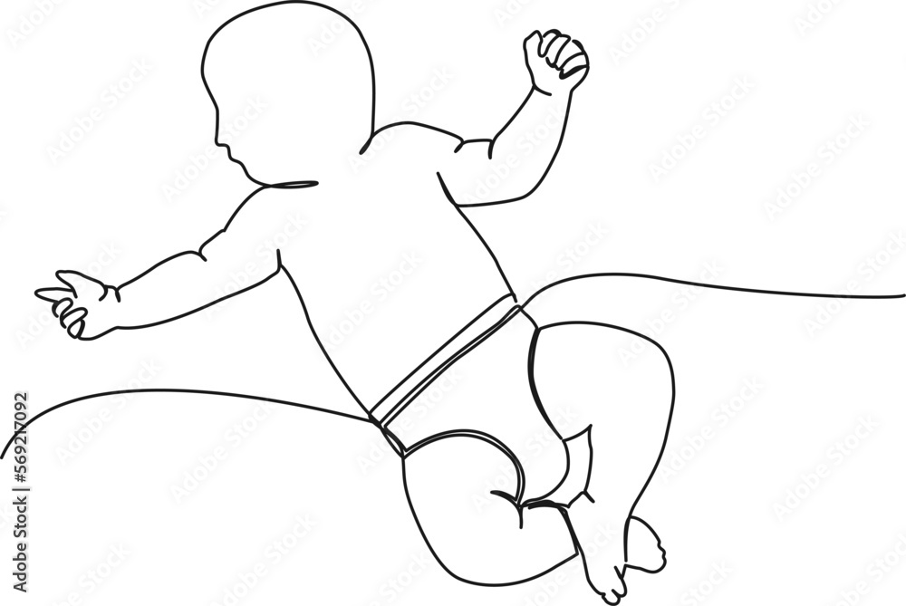 continuous single line drawing of baby in diapers, line art vector ...