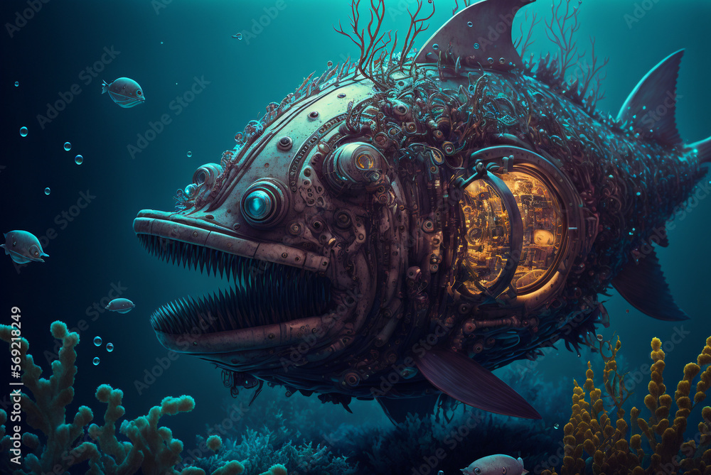 Fantasy illustration of a submarine in a shape of a fish. Created with ...