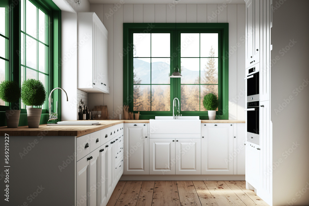 Interior of a white kitchen with a wooden floor and green counters. a ...