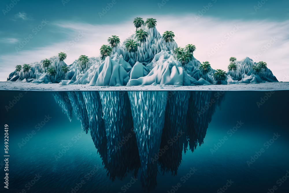 White piece of ice iceberg island with palm trees, lost paradise ...