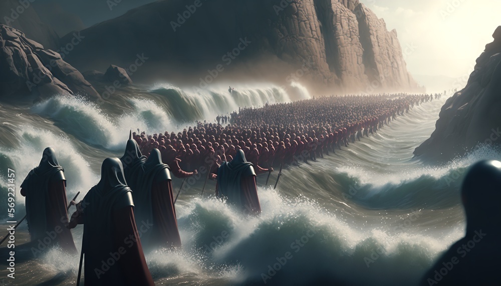 Bible's Exodus, Moses leading the Israelites over the Red Sea to escape ...