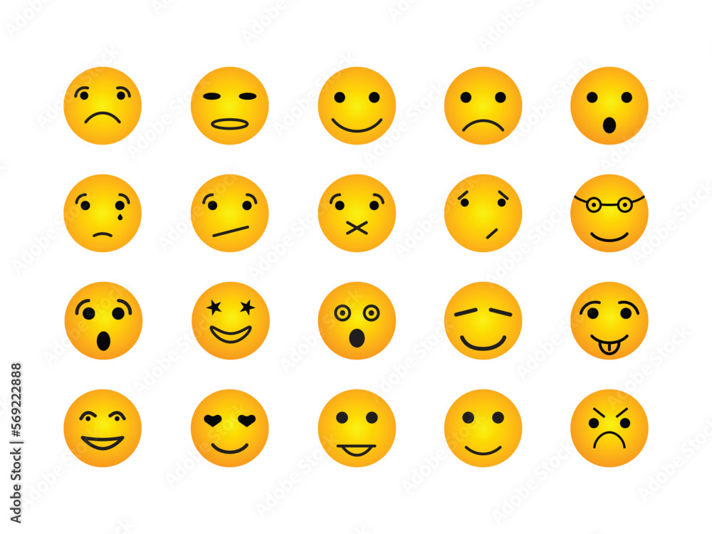 Emoticons and emoji face different face expression set, flat smiley ...