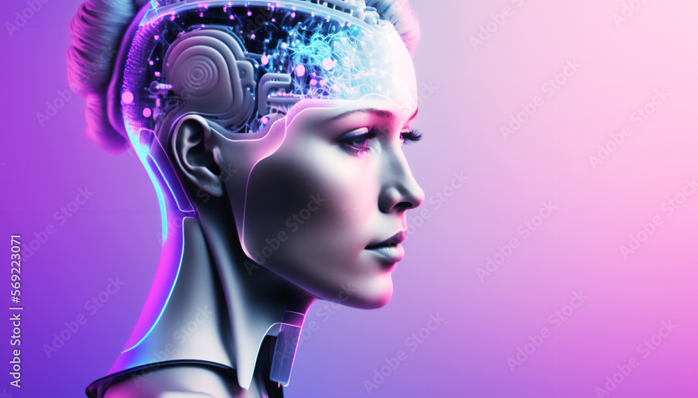 Generative AI side view of cyborg woman with bionic brain Stock ...