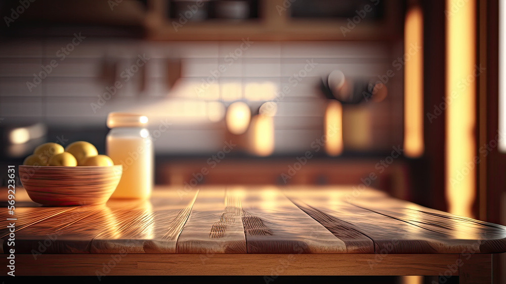 Wood table top in background of blurry kitchen counter. for montage ...
