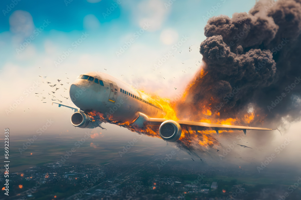 Exploded passenger plane in the sky engulfed in flames with black smoke ...