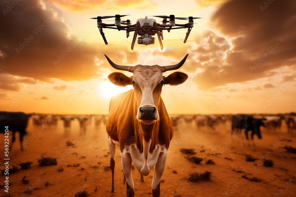 Drone monitoring cattle with microchip sensor in smart farm. AI ...
