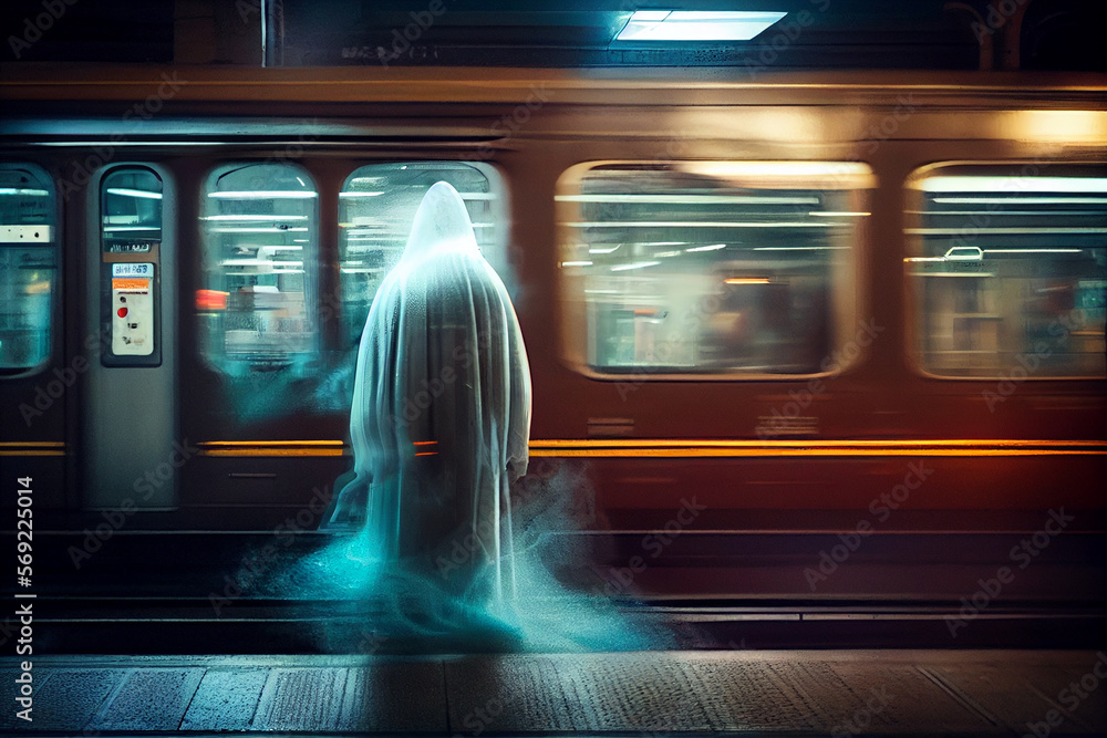 The ghost in front of subway train. Horrors, nightmares, driving safety ...