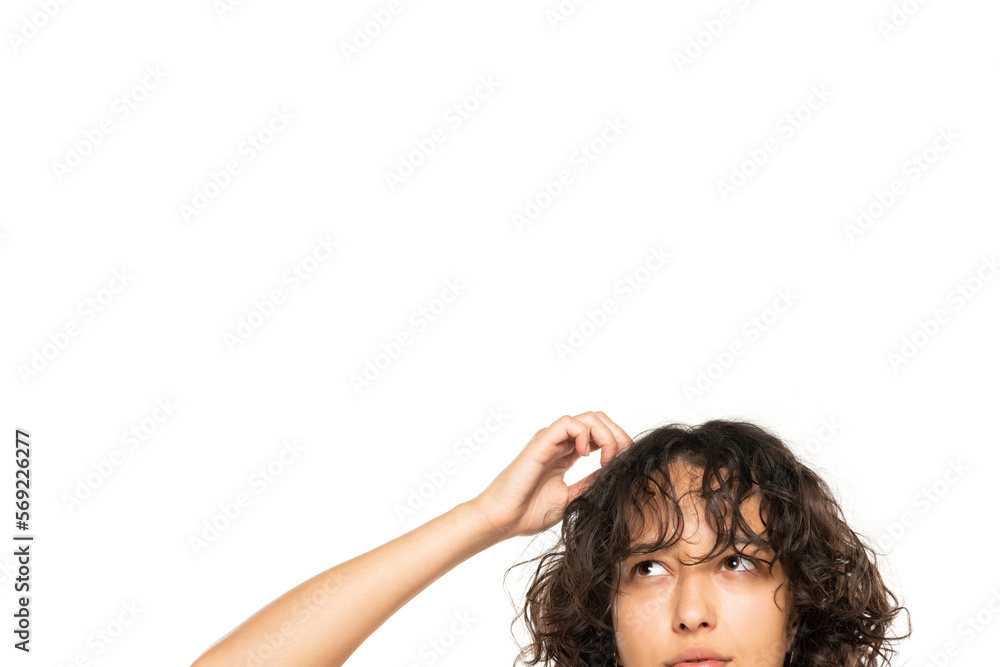 closeup portrait headshot cropped face above lips of cute puzzled woman ...