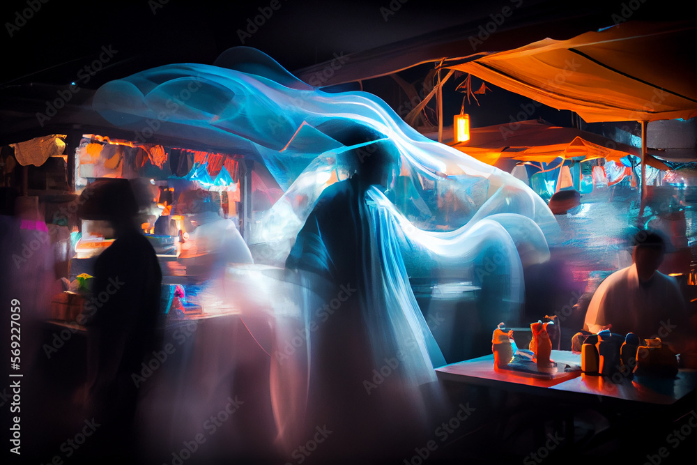 luminous ghost and people shopping at night market fair, blur ...