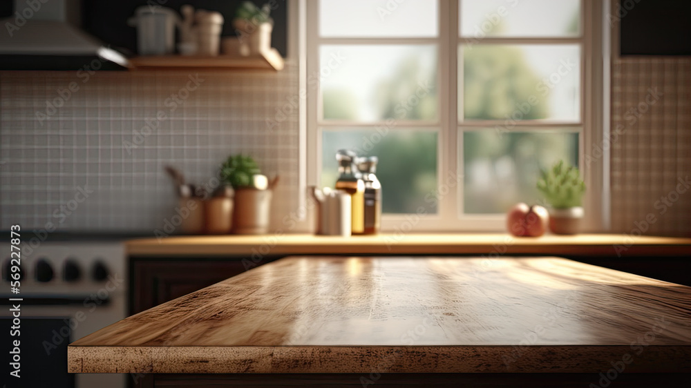 Wood table top in background of blurry kitchen counter. for montage ...
