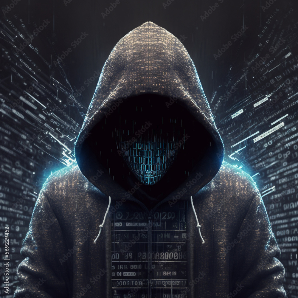 Hacker with the hoodie and digital symbols on black background.Created ...