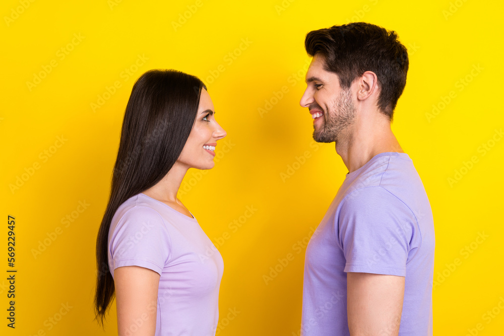 Profile photo of two satisfied glad people beaming smile look each ...