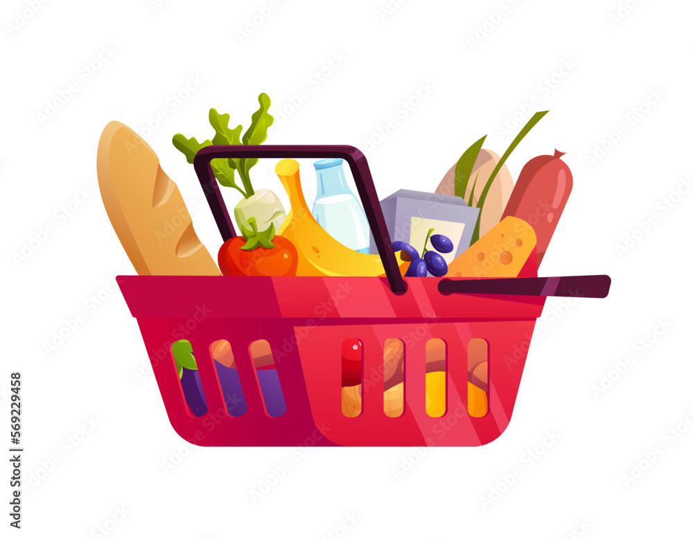 Supermarket Basket with Food. Fresh Fruits and Vegetables. Vector Cute ...