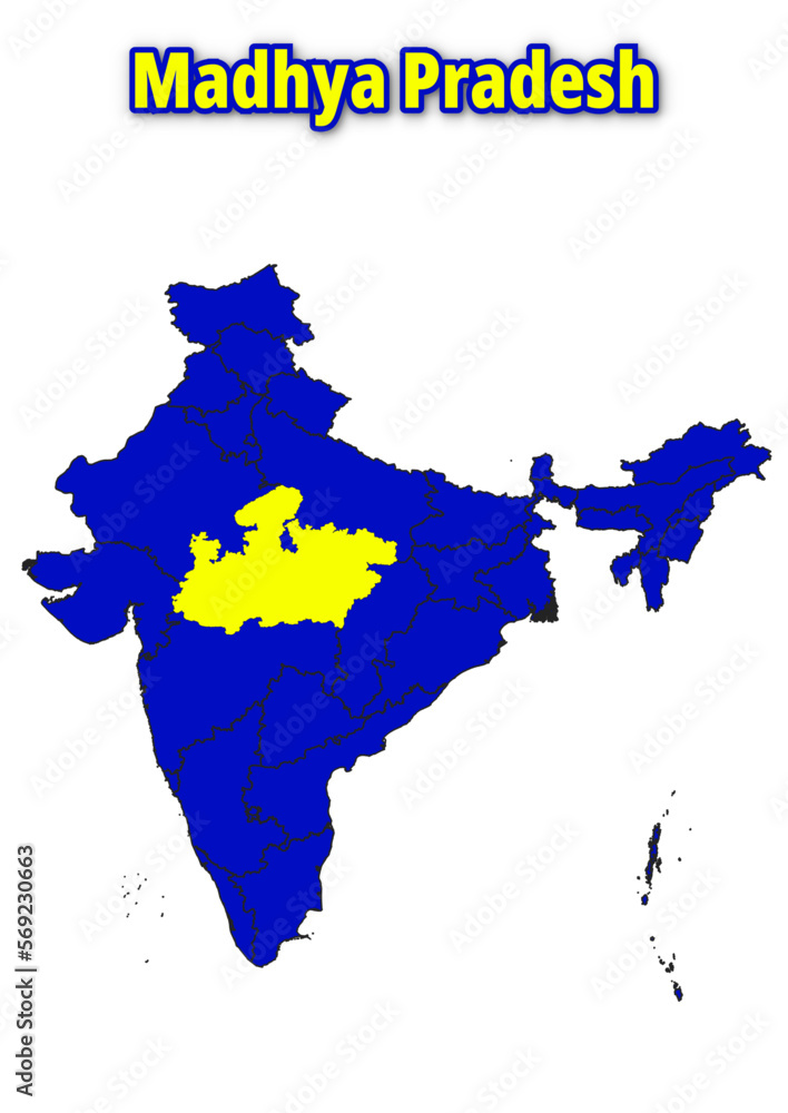 Detailed illustration map of India, continent Asia with Madhya Pradesh ...