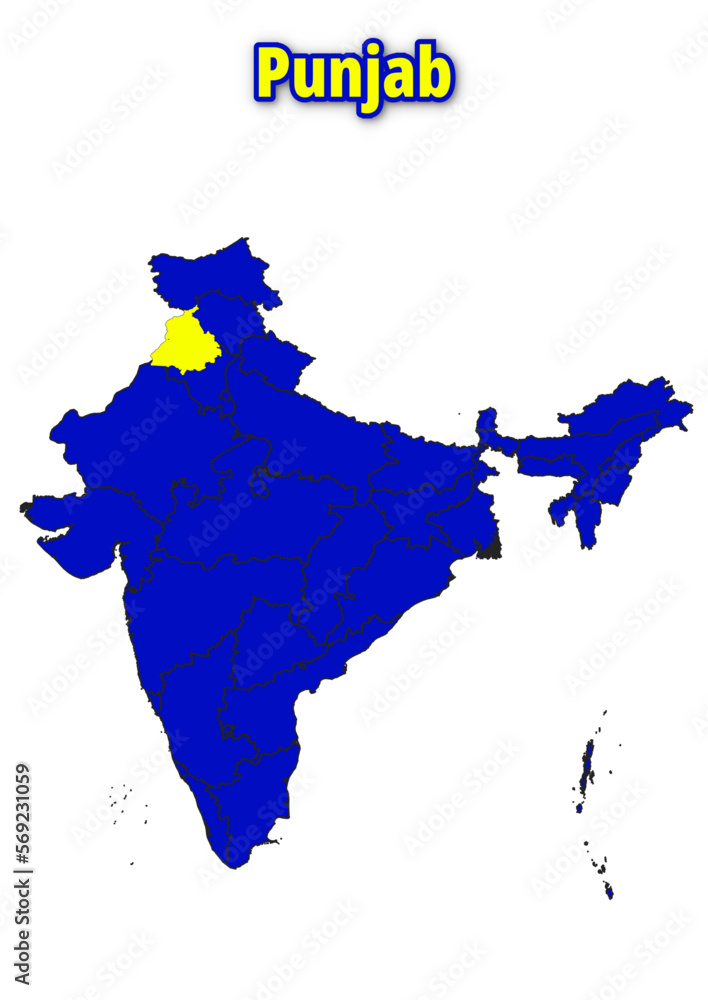 Detailed illustration map of India, continent Asia with Punjab State in ...