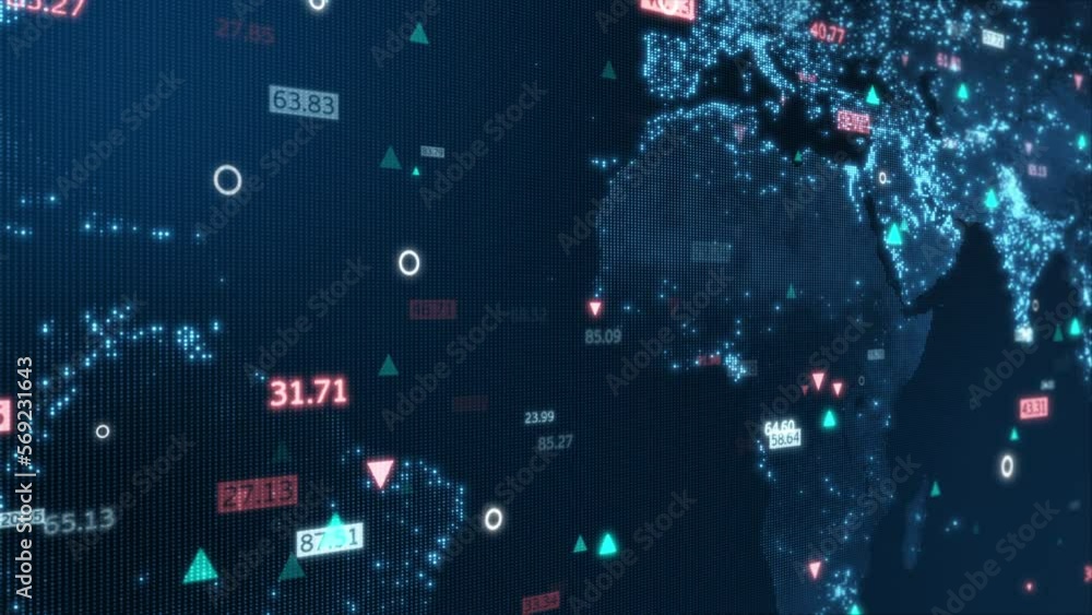 Digital animation camera movement through 3D space with a world map and ...