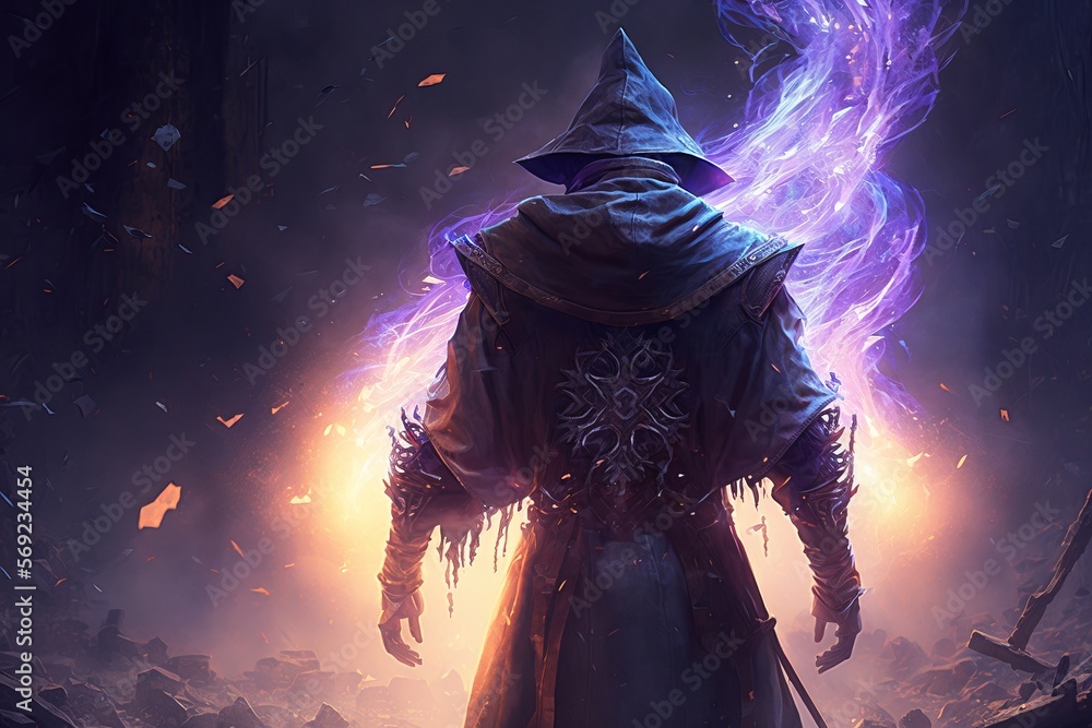 Mage casts a powerful spell. Generative AI Stock Illustration | Adobe Stock