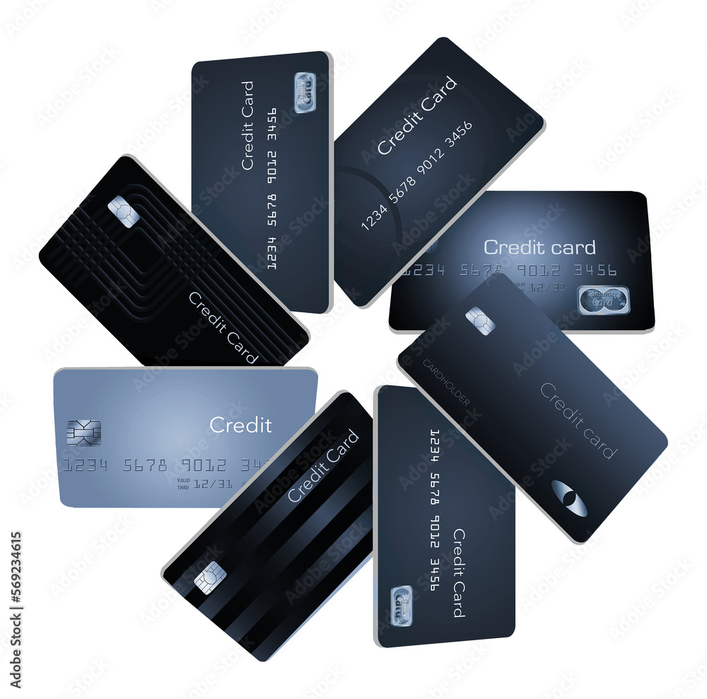 Credit cards, eight of them are arranged in a circular formation with ...