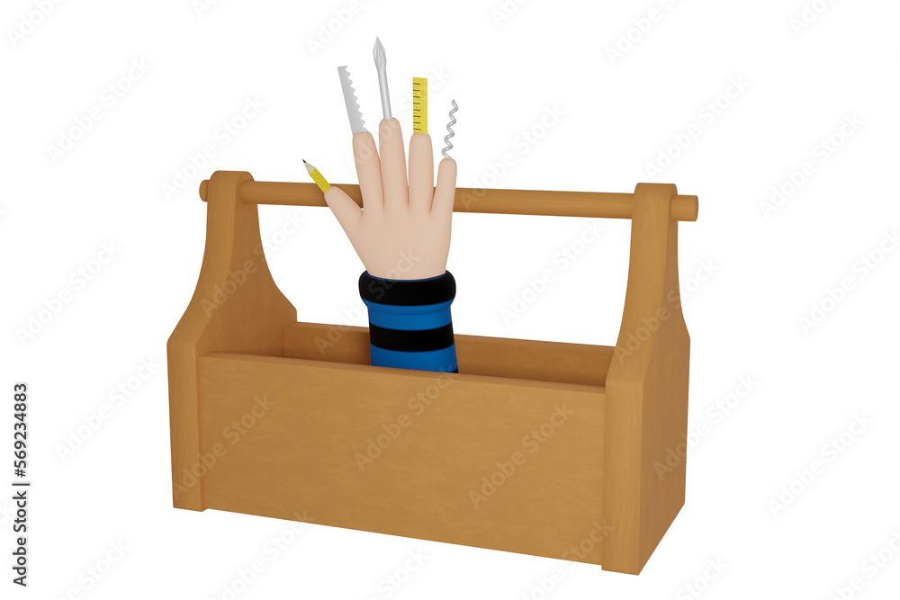 Hand with tools on fingers in tool box. Conceptual handyman 3D cartoon ...