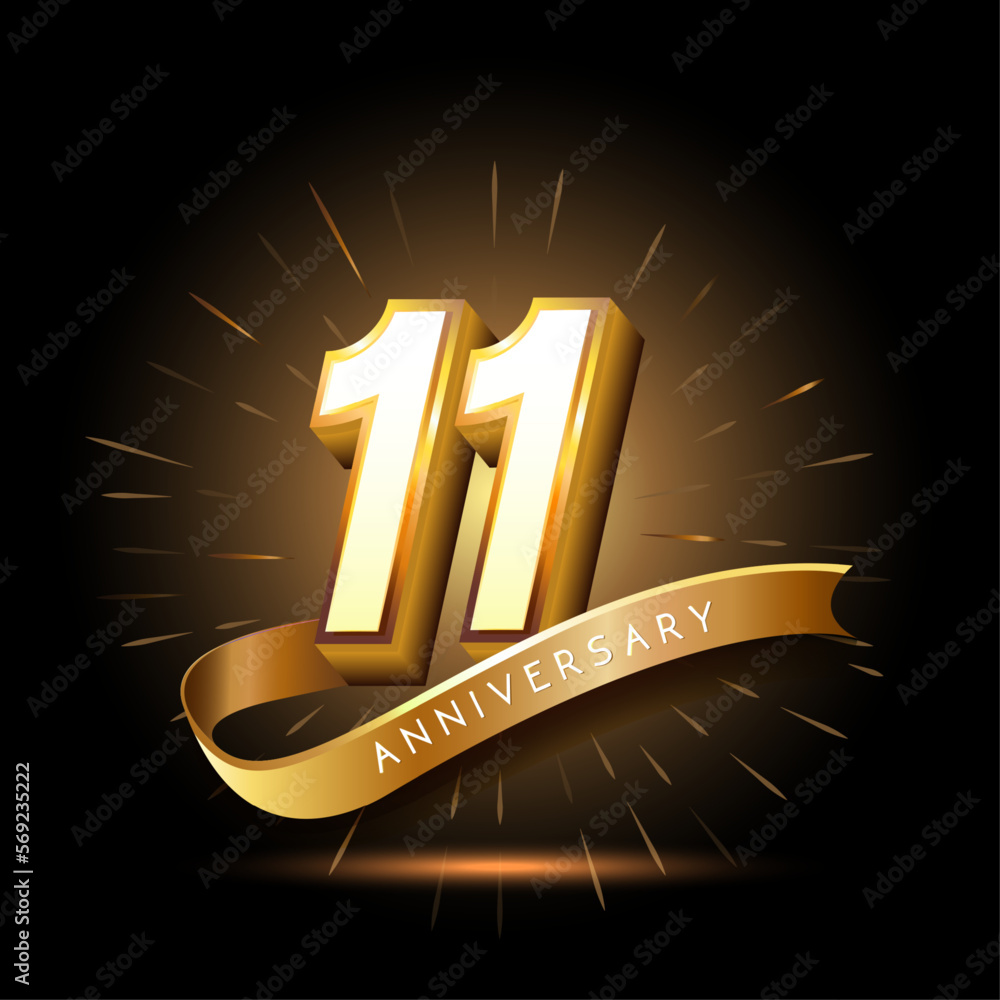Vetor de 11th anniversary with 3d number and ribbon shiny gold design ...