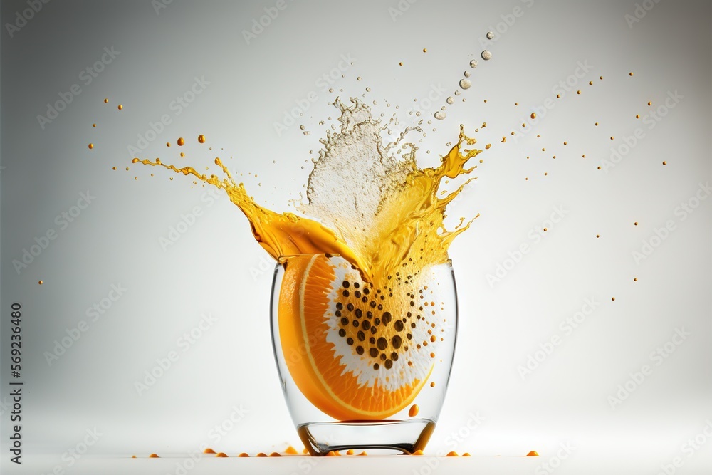 an orange splashing into a glass of water on a white background with a ...