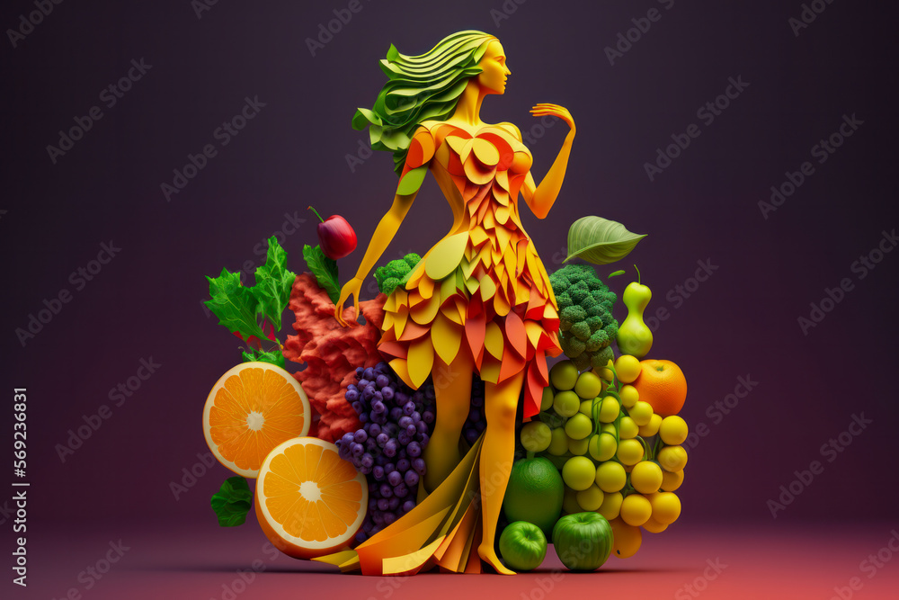 Female figure made of fruits and vegetables. Healthy eating, diet ...
