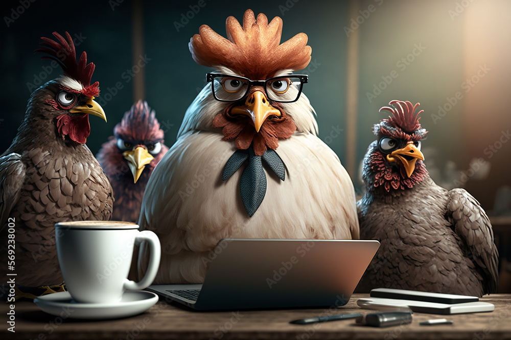 Angry rooster boss and three hens behind a laptop, office work concept ...