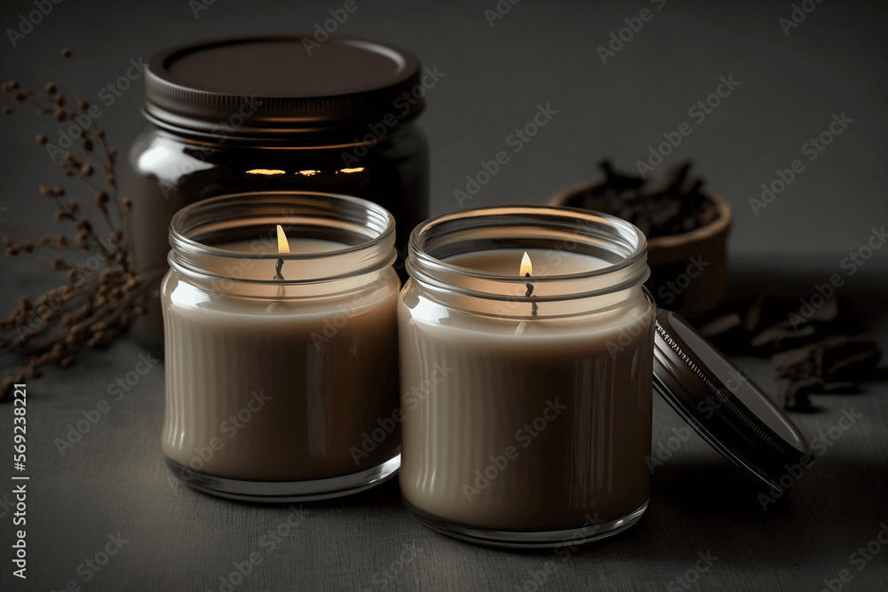 two white hand-filled soy wax scented candles in brown glass jars ...