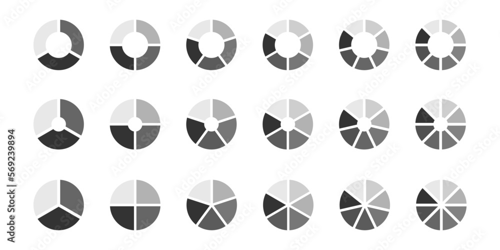 Donut or pie chart templates. Circle divides on 3, 4, 5, 6, 7, 8 parts ...