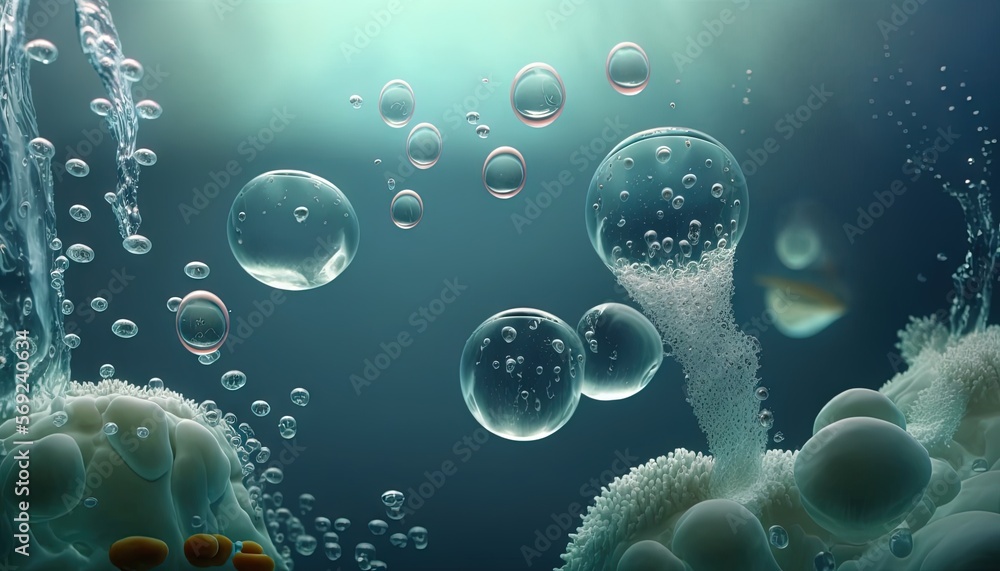 a group of bubbles floating in the air next to a blue background with a ...