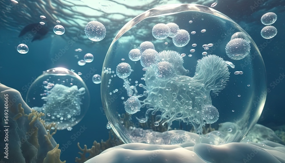 a group of jellyfish swimming in a bubble filled ocean with bubbles ...