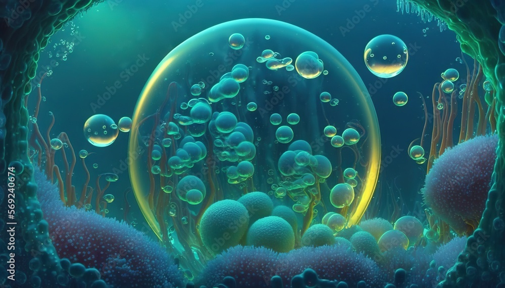 a painting of bubbles floating in the water and under the water bubbles ...