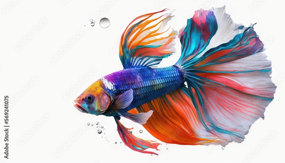 a colorful fish with bubbles of water on it's back side and a white ...