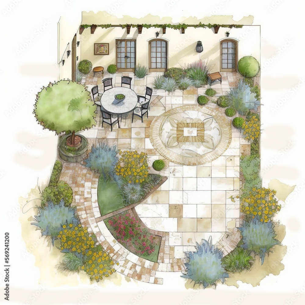 Landscape architect plan design. Watercolor hand painted with brushes ...