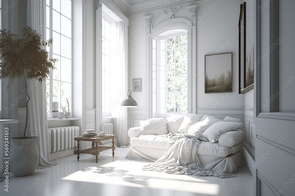 Minimal modern white clean room 3d render. There are white couch, plant ...