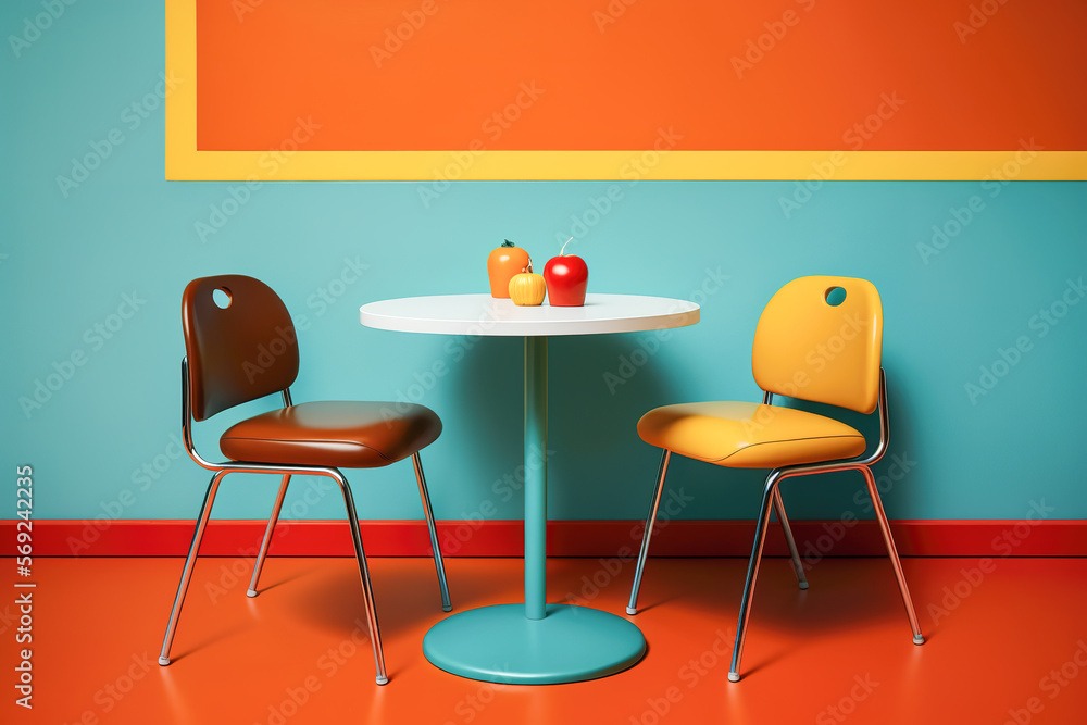 Plastic table and chairs on a colourful background inspired by the 70s ...
