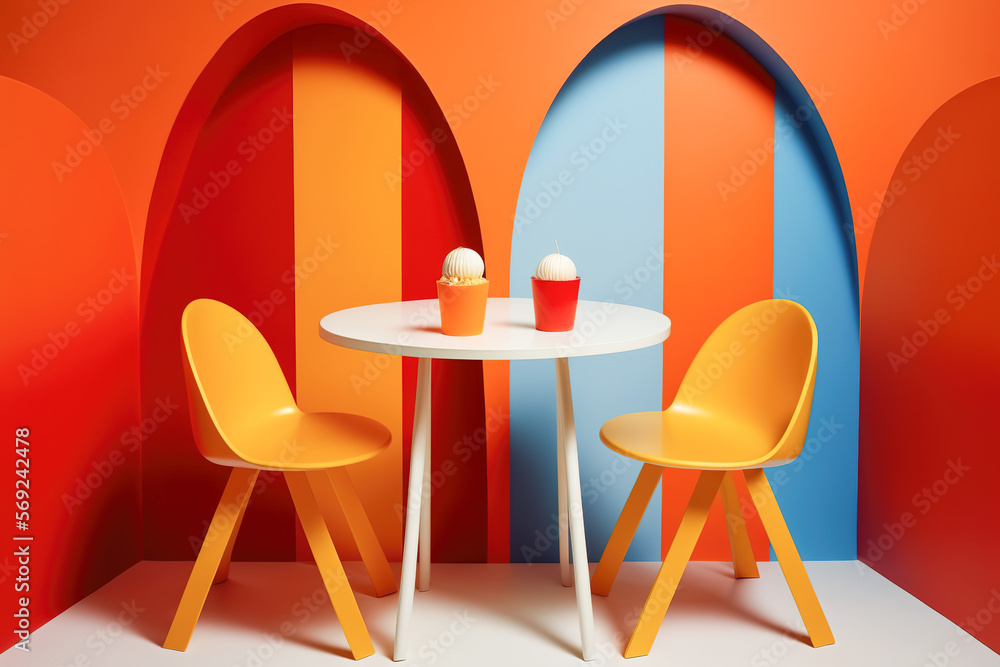 Plastic table and chairs on a colourful background inspired by the 70s ...