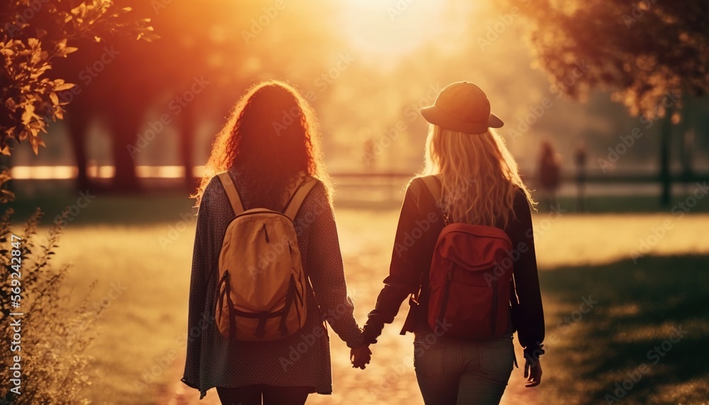 two women walking down a path holding hands with a backpack on their ...