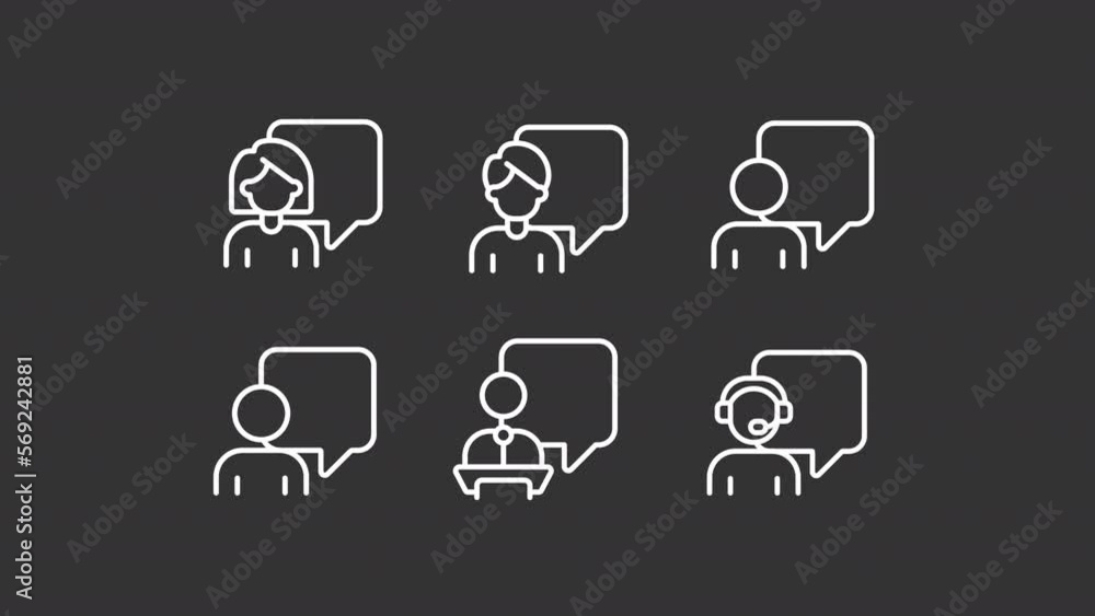 Animated speech white line icons. Public performance. Call center. Loop ...