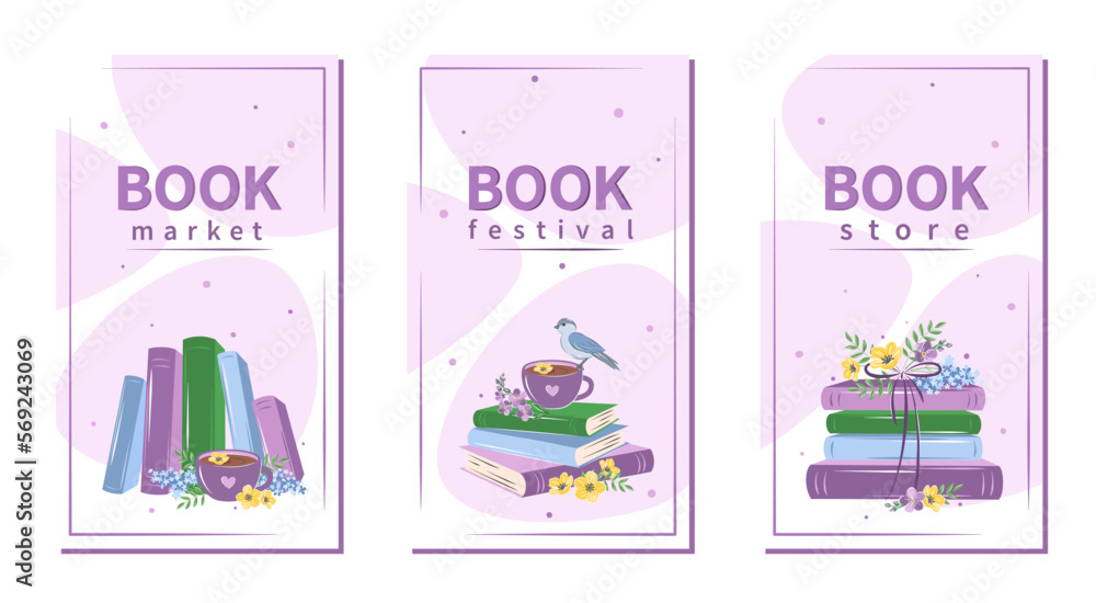 Set of layout design for bookshop, library, bookstore, festival or ...