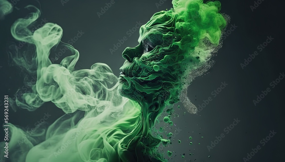 a woman's face is covered in green and white smoke as she looks into ...