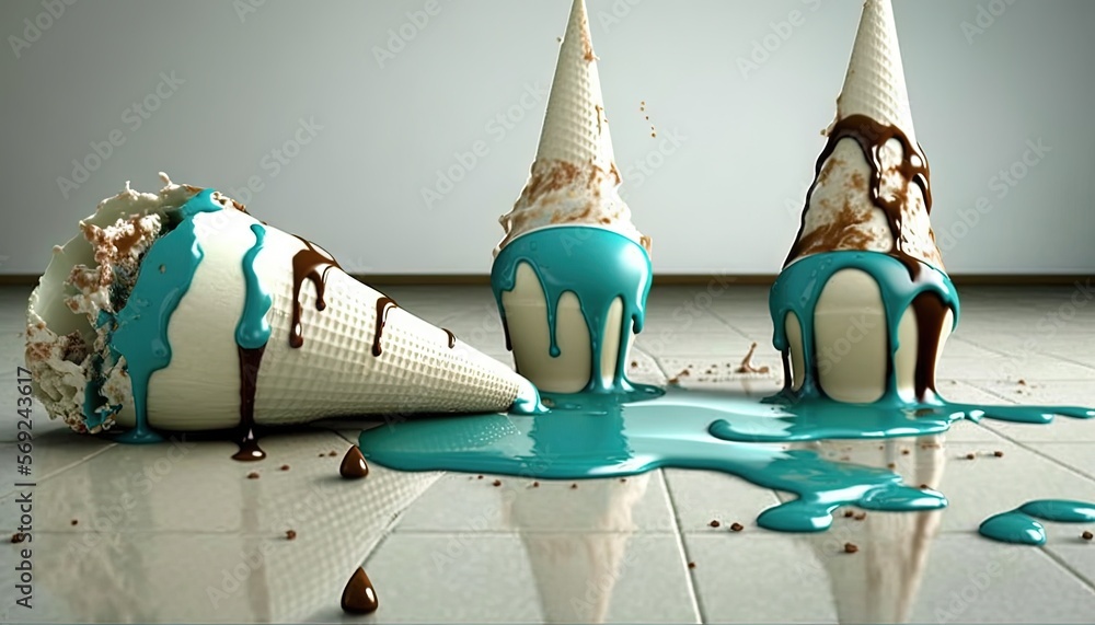 three ice cream cones with blue and white icing on a tiled floor with ...